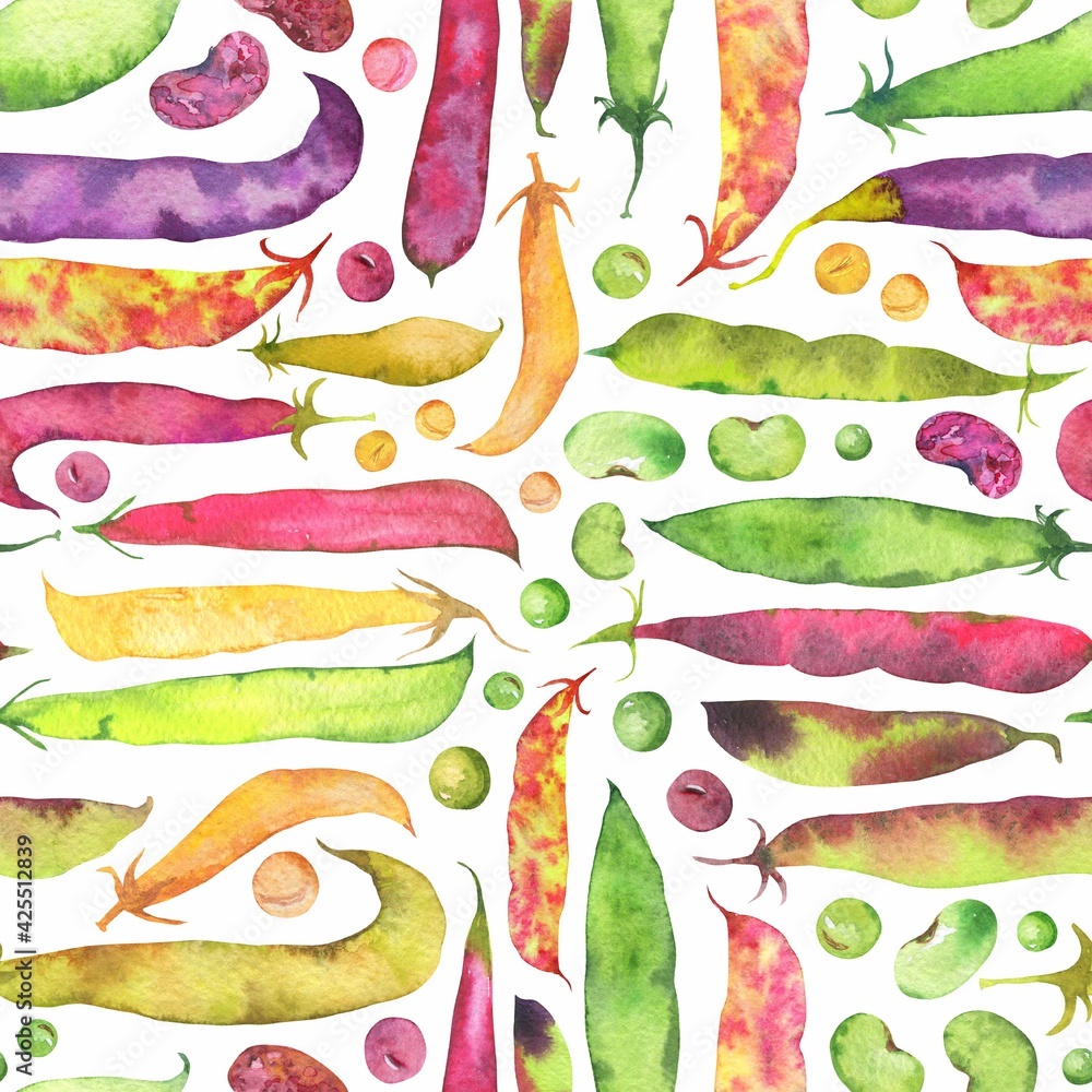 Watercolor beans pattern on white. Pea, soya, bean pods and beans ...