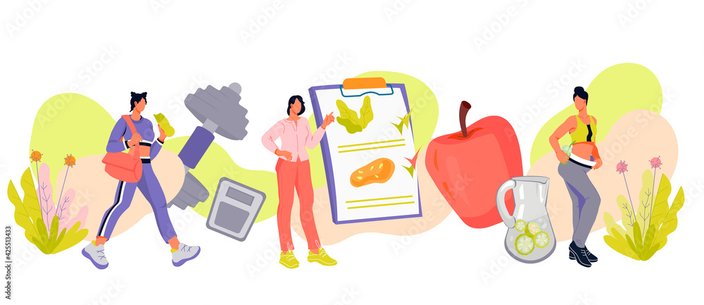 Healthy diet and weight loss banner with female characters, flat vector ...