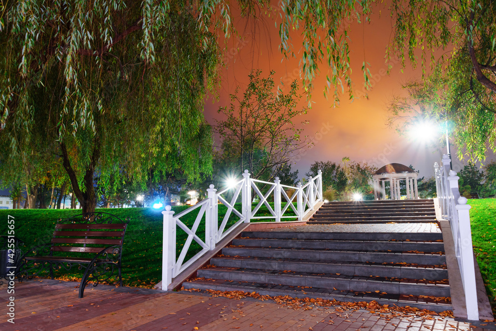 autumn city park at night, trees with yellow leaves, stair, street ...