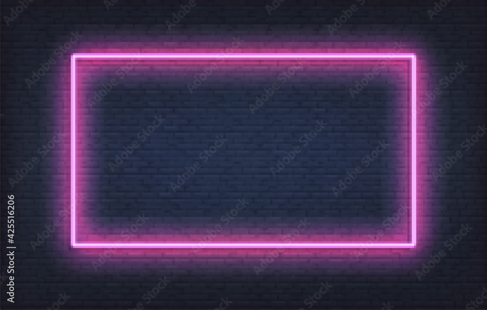 Neon frame sign template. Realistic purple signboard glowing design ...