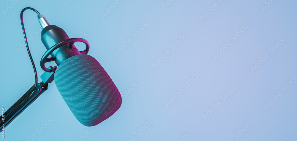 studio microphone banner with red and blue neon lights ilustración de ...