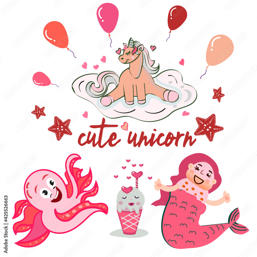 Funny kids background with a composition of a cute unicorn - mermaid ...