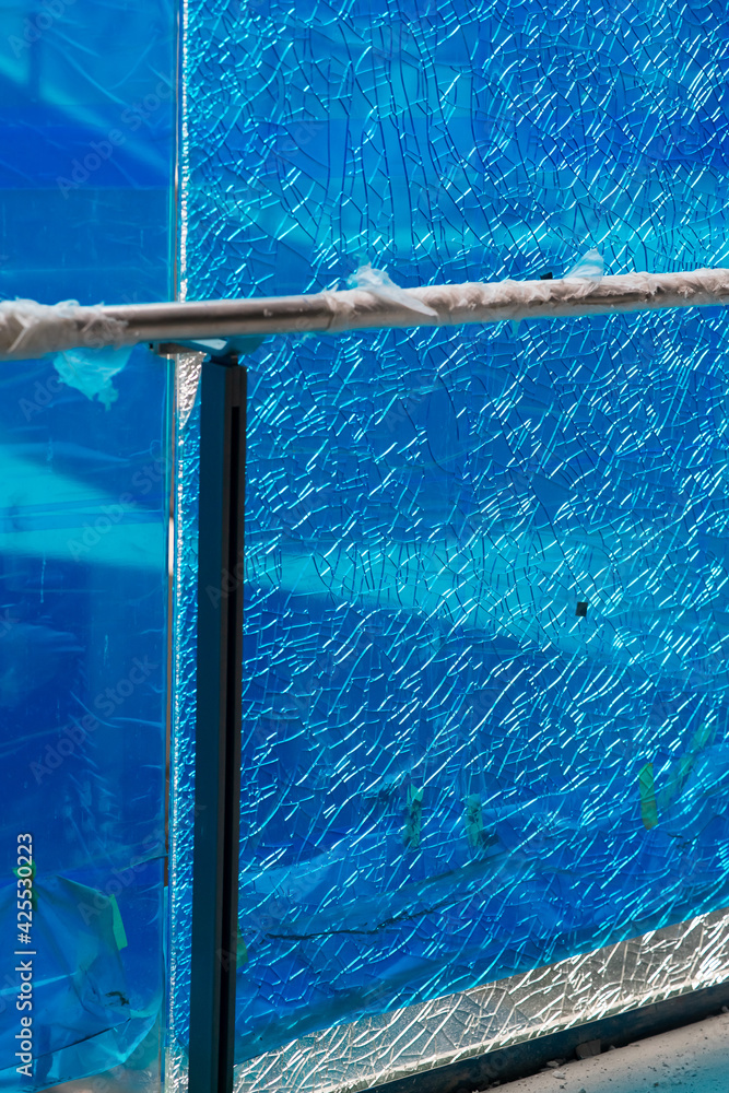 Shattered laminated and tempered safety glass railing balustrade panels ...