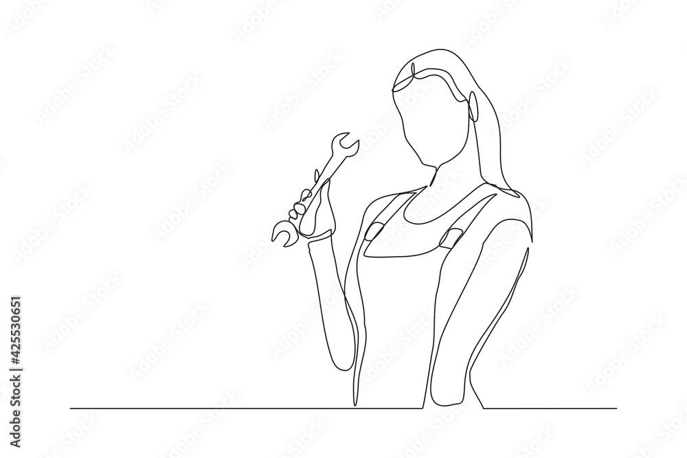 Continuous line drawing of young female mechanic pose holding set of ...