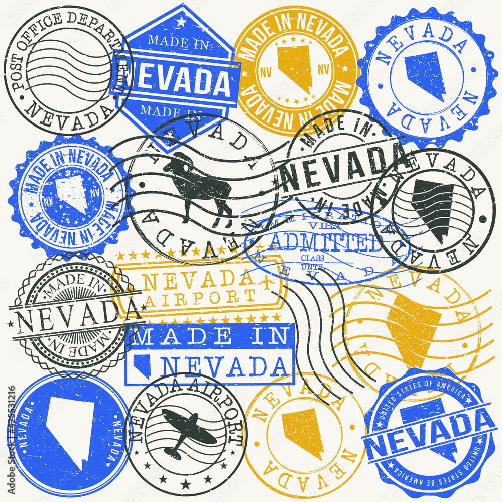 Nevada, USA Set of Stamps. Travel Passport Stamps. Made In Product ...