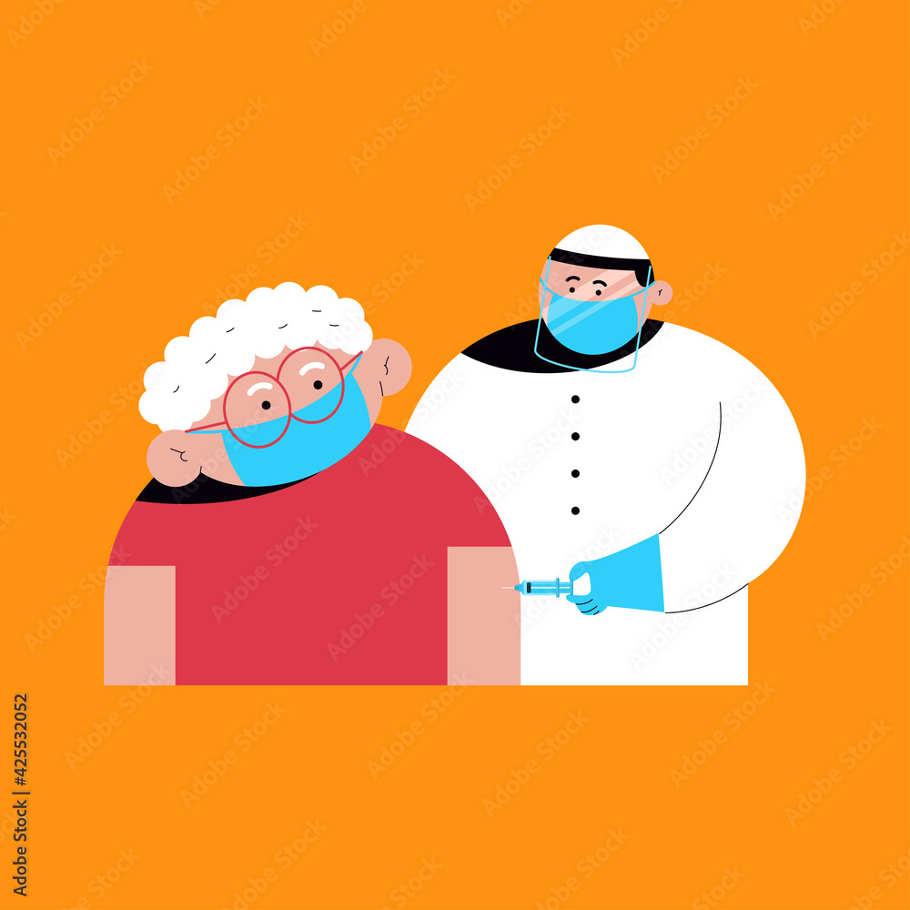 Vaccination vector cartoon concept illustration with doctor and old ...