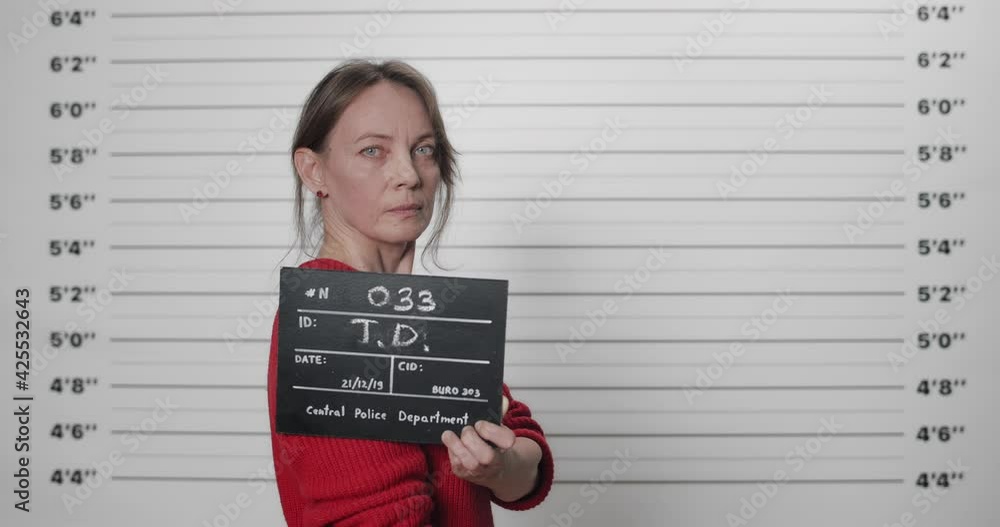 Side profile mugshot of female arrested with sign being photographed ...
