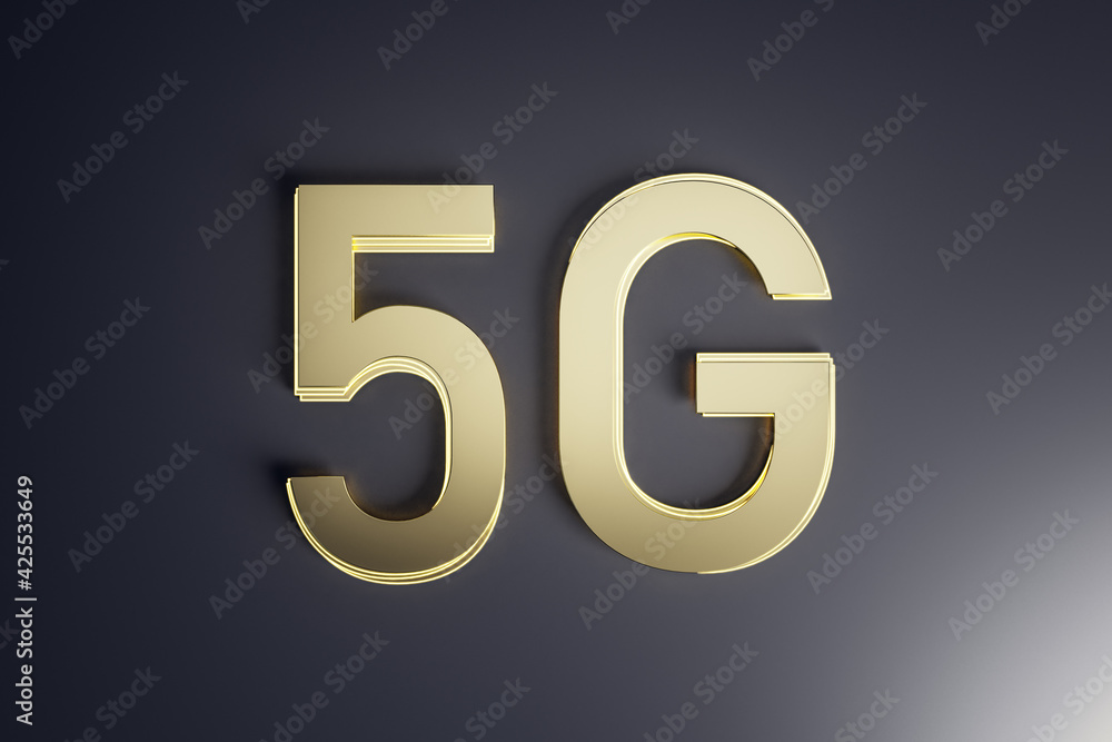 Illuminated golden 5g logo on a black background closeup, logo and ads ...