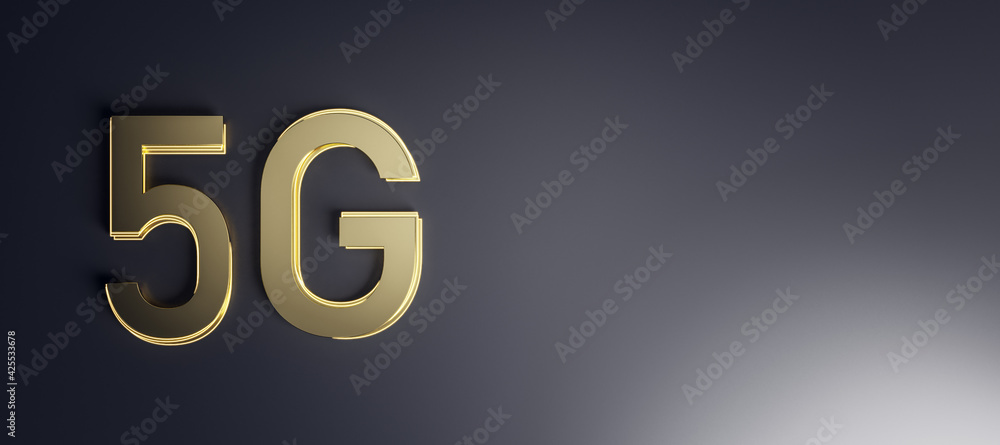 Illuminated golden 5g logo on a black background with empty space in ...