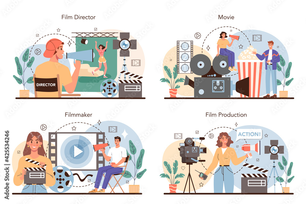Film director concept set. Movie director leading a filming process. 素材 ...