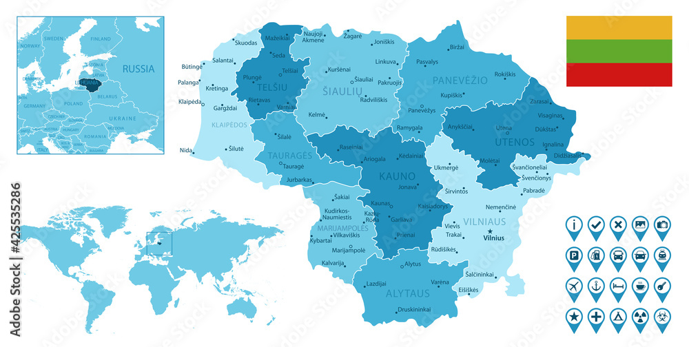 Lithuania detailed administrative blue map with country flag and ...