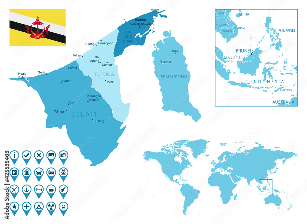 Brunei detailed administrative blue map with country flag and location ...