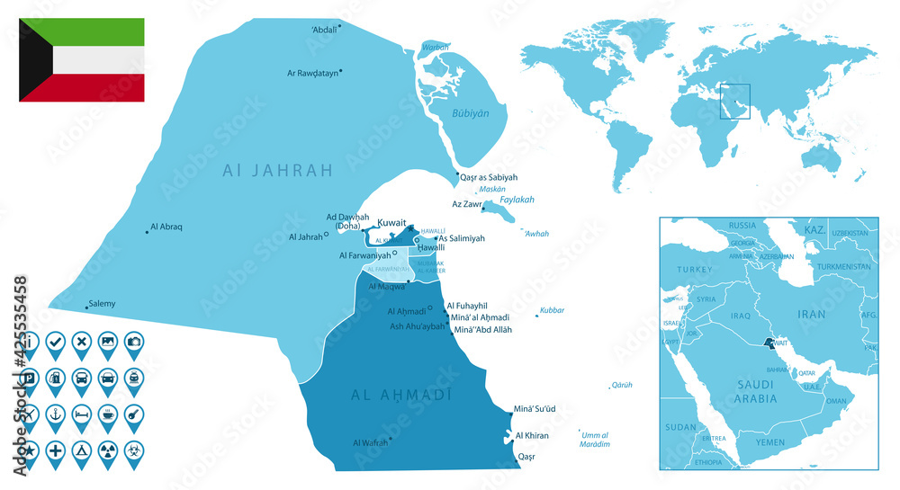 Kuwait detailed administrative blue map with country flag and location ...