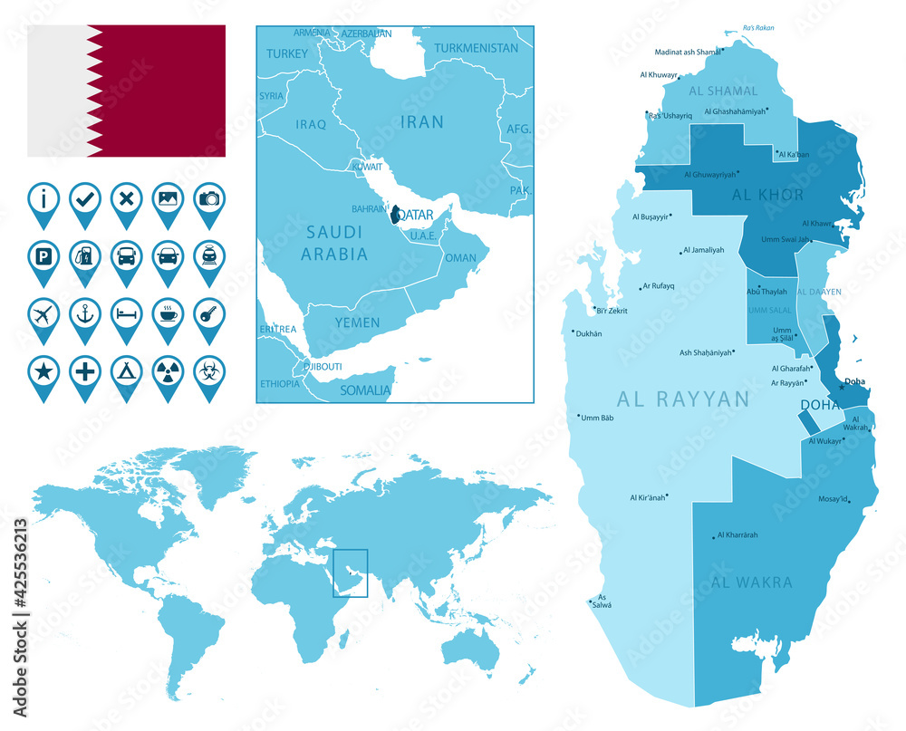Qatar detailed administrative blue map with country flag and location ...