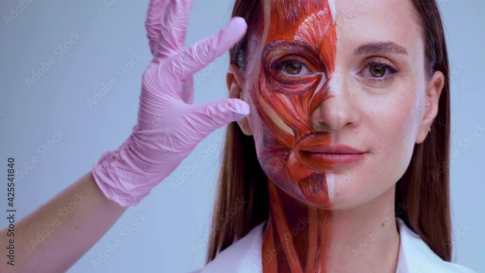 Cosmetic injection in the face. Young woman with half of face with ...