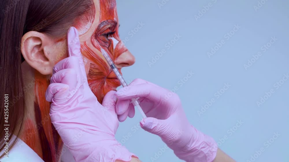 Cosmetic injection in the face. Young woman with half of face with ...