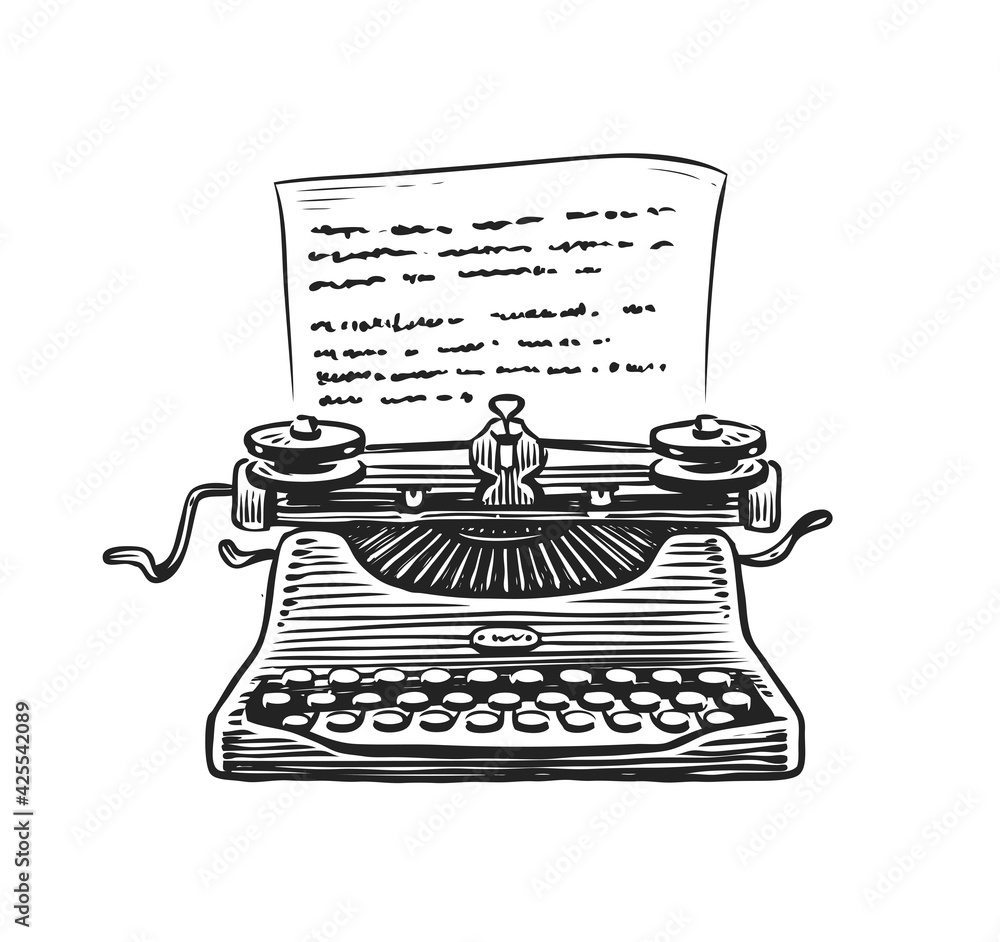 Retro typewriter with sheet of paper sketch. Hand drawn vintage vector ...