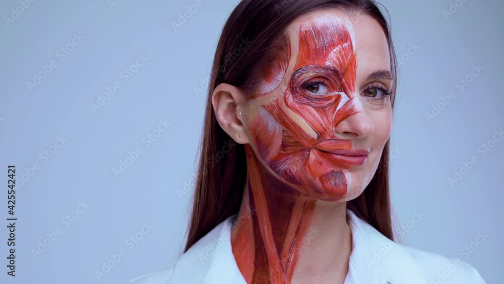 Young woman with half of face with muscles structure under skin. Model ...