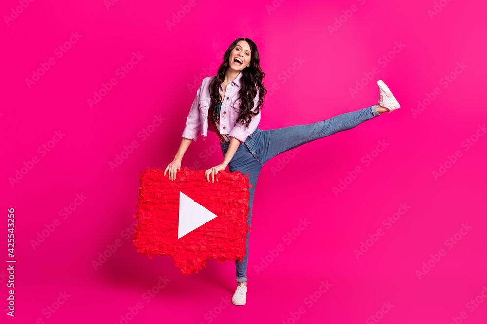 Full size photo of young lovely charming excited funky girl hold big ...