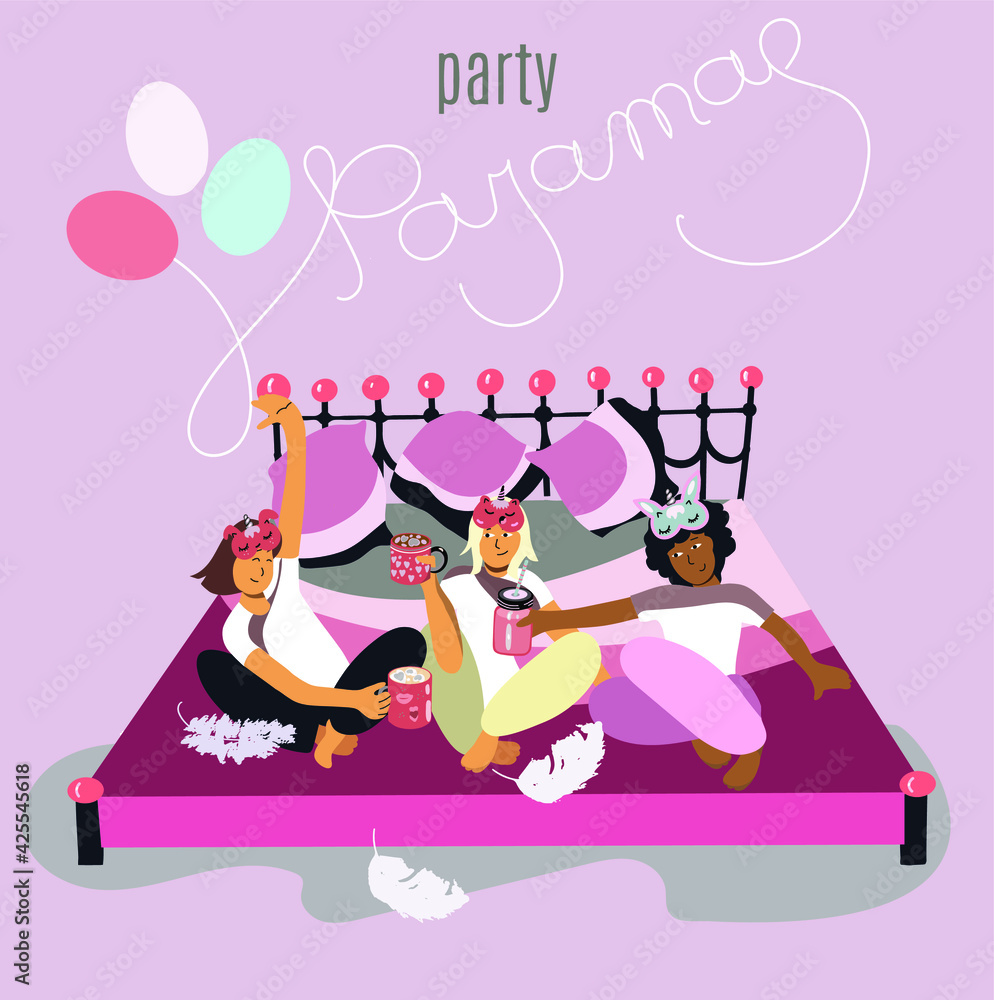 Pajama party concept, three girls, birthday, celebration, big bed ...