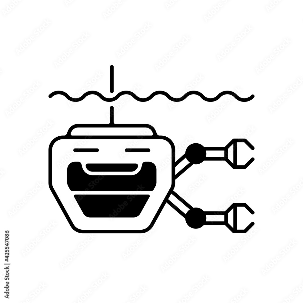 ROV black linear icon. Remotely operated underwater vehicle is tethered ...