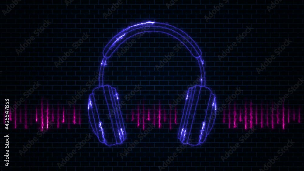 neon music headphones on a brick wall animation footage,bright glowing ...
