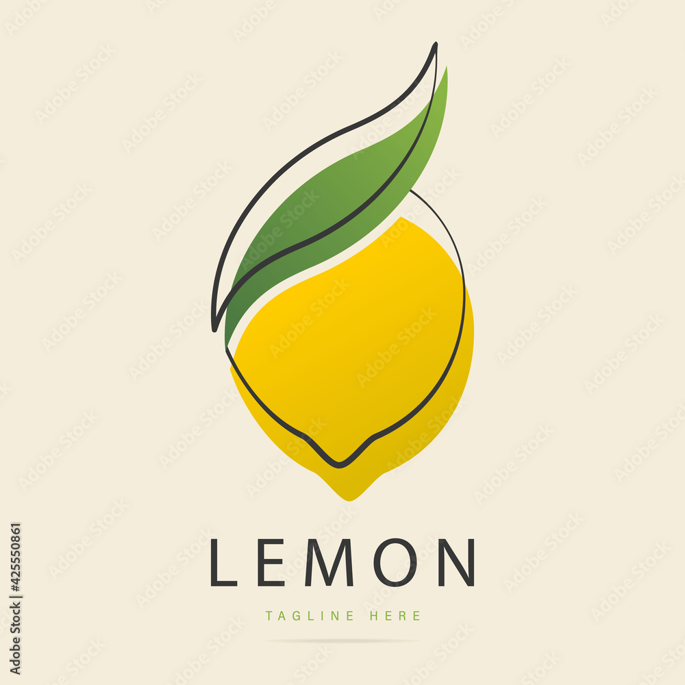 Abstract bright taste fruit citrus yellow lemon logo with green leaf ...
