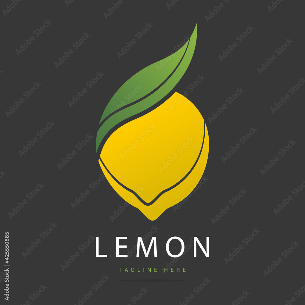 Abstract bright taste fruit citrus yellow lemon logo with green leaf ...