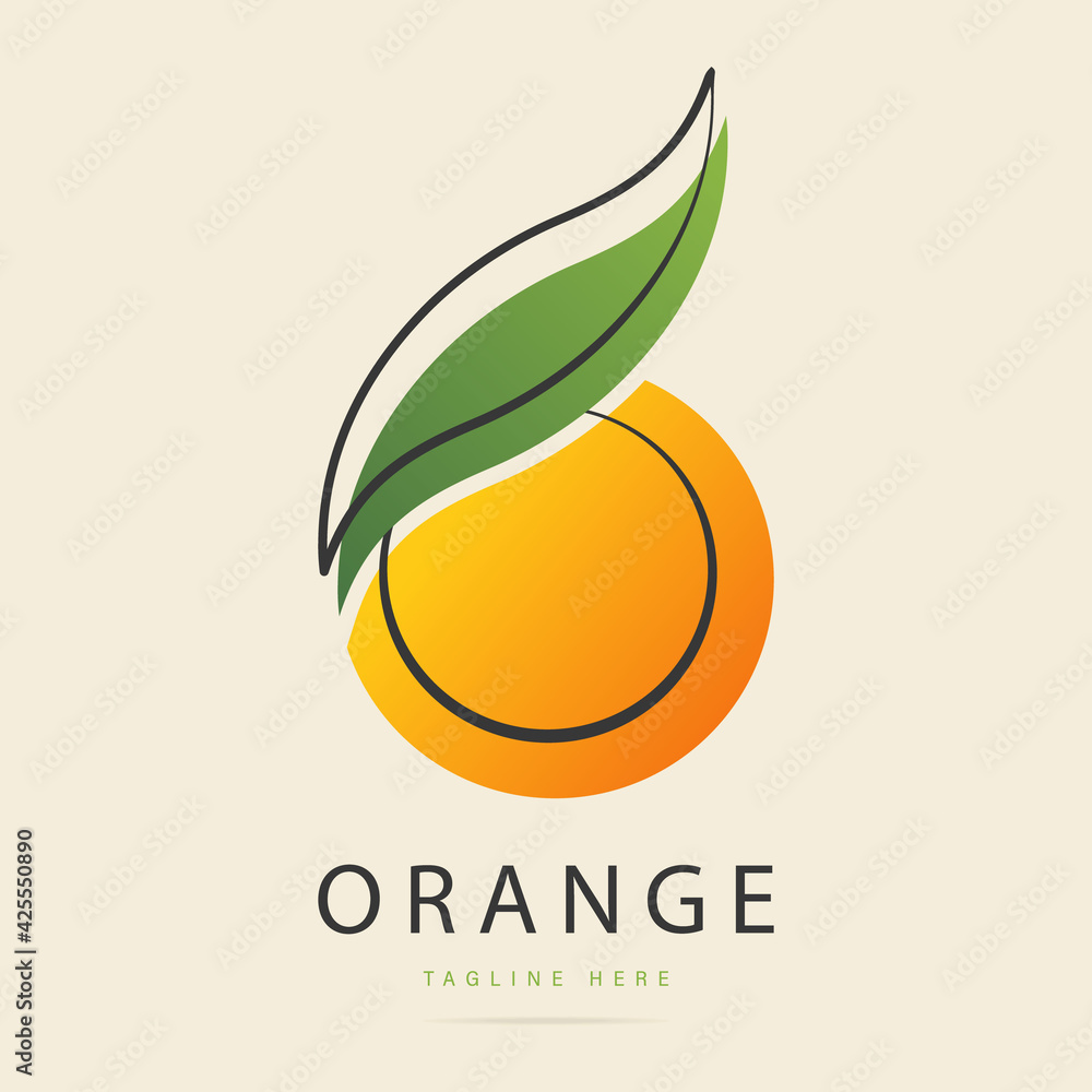 Abstract bright taste fruit citrus orange logo with green leaf sign ...