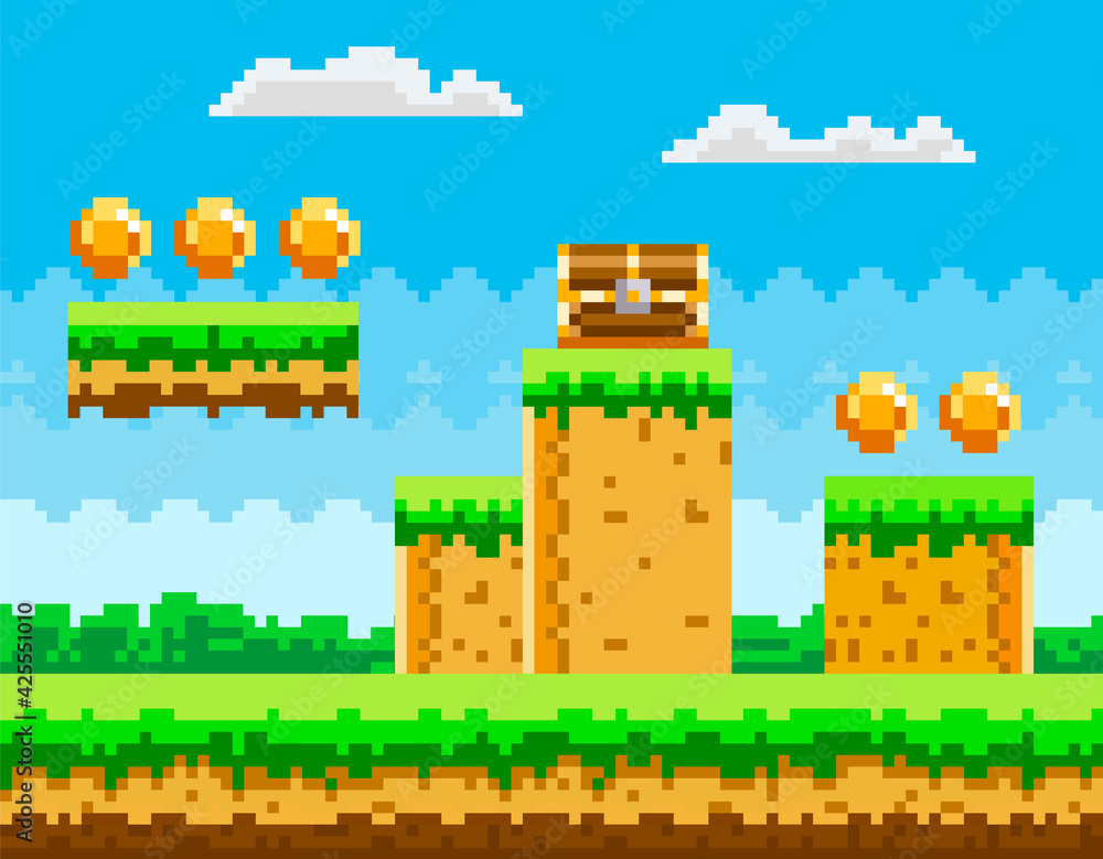 Pixel-game background with coins in sky. Pixel art game scene with ...