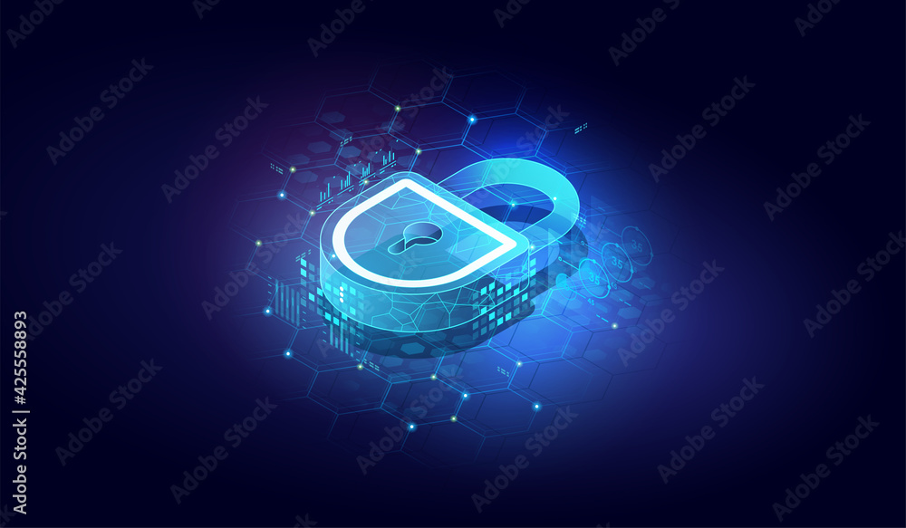 Abstract closed lock without key. isometric vector image on dark ...