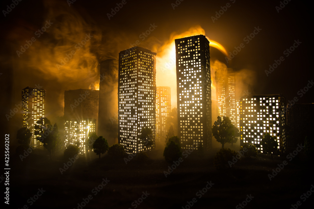 Cartoon style city buildings. Realistic city building miniatures with ...