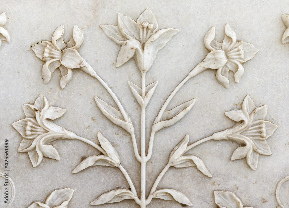 Beautiful flower carved in white marble, Taj Mahal, India Stock Photo ...