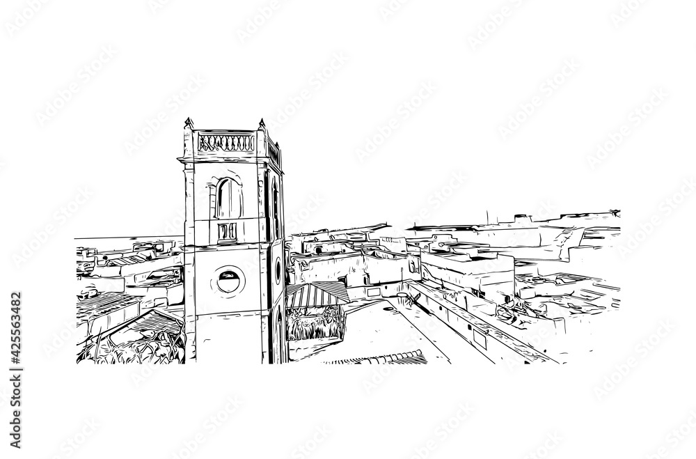 Building view with landmark of El Jadida City in Morocco. Hand drawn ...