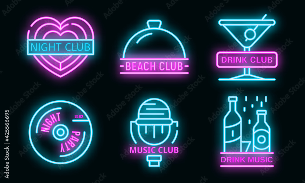 Nightclub logo set. Outline set of nightclub vector logo neon color on ...