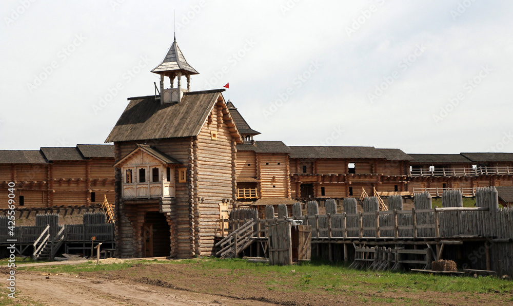 Russian defensive wooden gate and walls of the ancient medieval ...