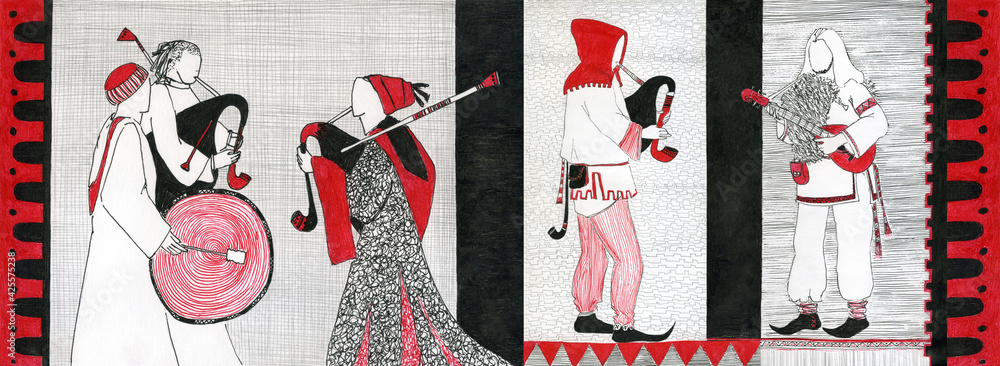 Medieval music hand drawn illustration. Historical dressed musicians ...