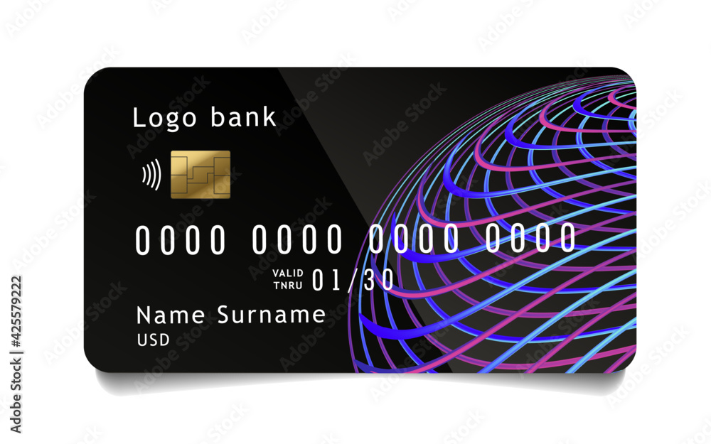 Credit card template design with bright neon sphere design element made ...