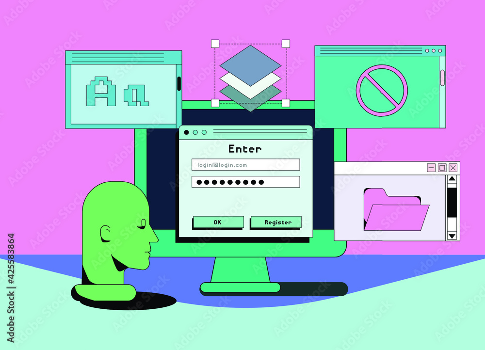 Computer screen with programs and applications. Conceptual flat vector ...