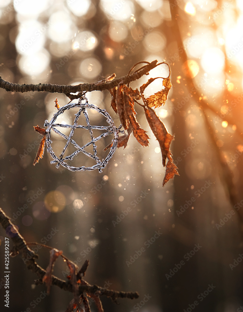 Magic esoteric pentagram amulet in sunny forest. Black magic ritual ...