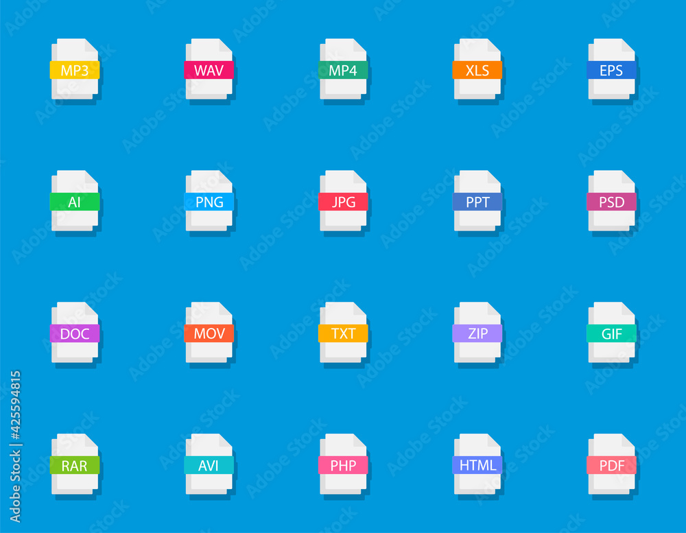 Big set of colorful file types. Document icons with different file ...