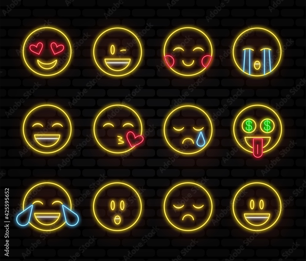 Vector Emoji neon icon set with Different Reactions Isolated on black ...