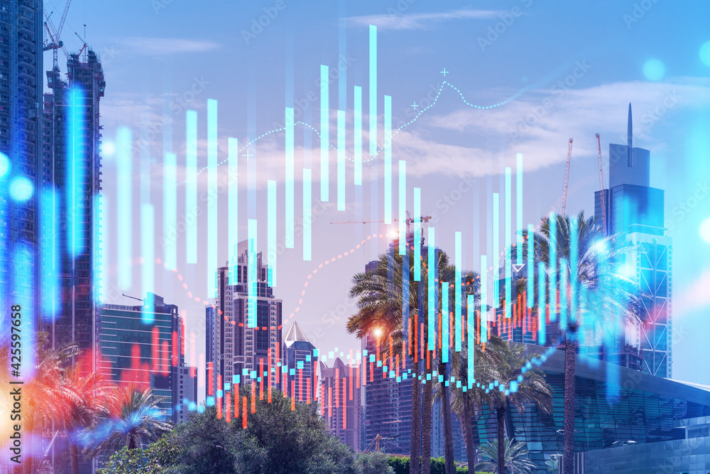 Panoramic view of steel and glass skyscrapers of Dubai Marina. Modern ...