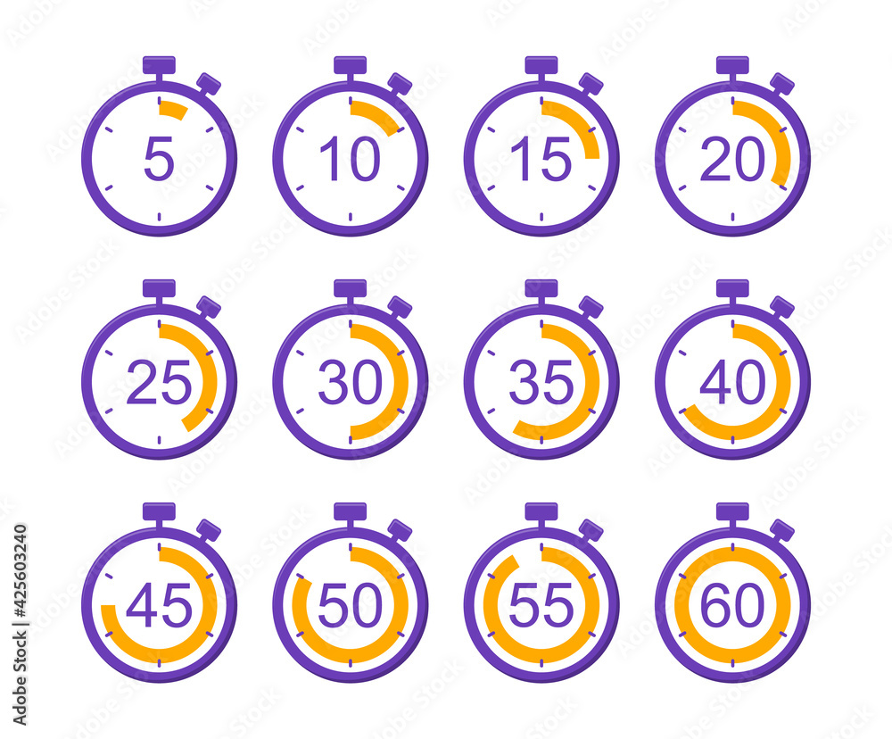 Timer icon set. Stopwatch with countdown minutes. Clock, time and ...