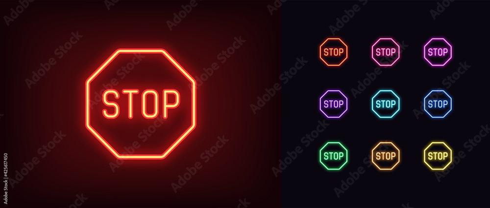 Neon stop icon. Glowing neon stop sign with text, outline silhouette ...