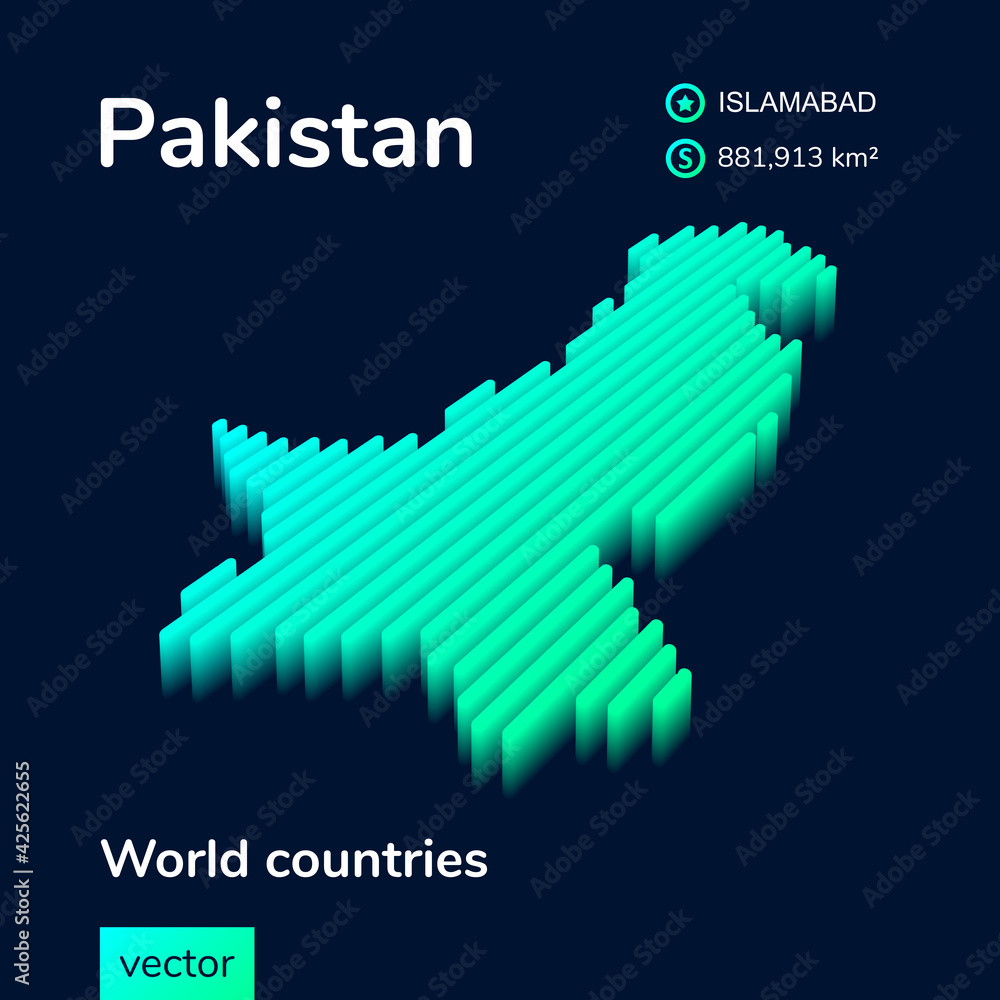 Stylized neon simple digital isometric striped vector Pakistan map ...