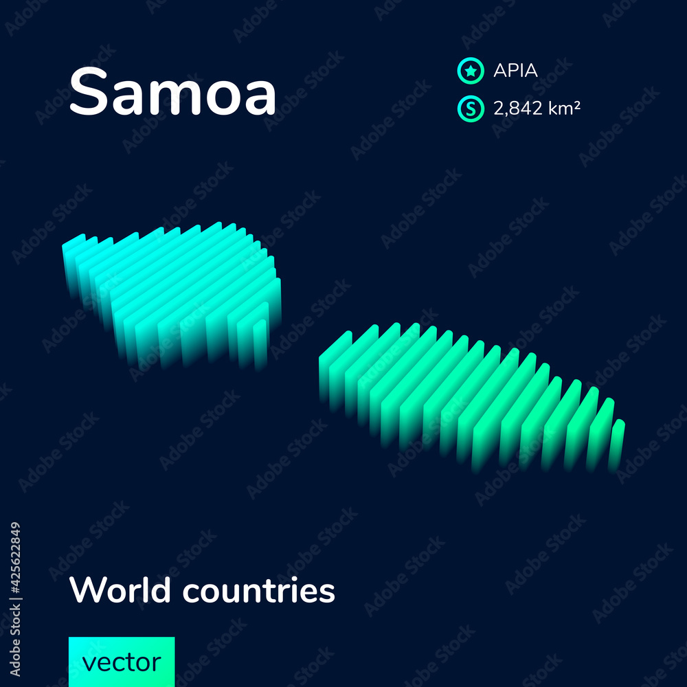 Stylized neon digital isometric striped simple vector map of Samoa ...