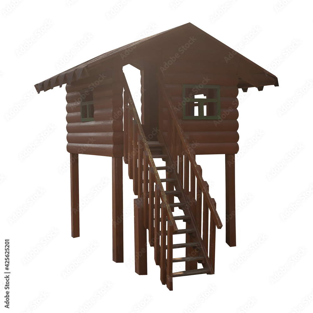 Wooden small house with stairs and on legs, on a white background in ...