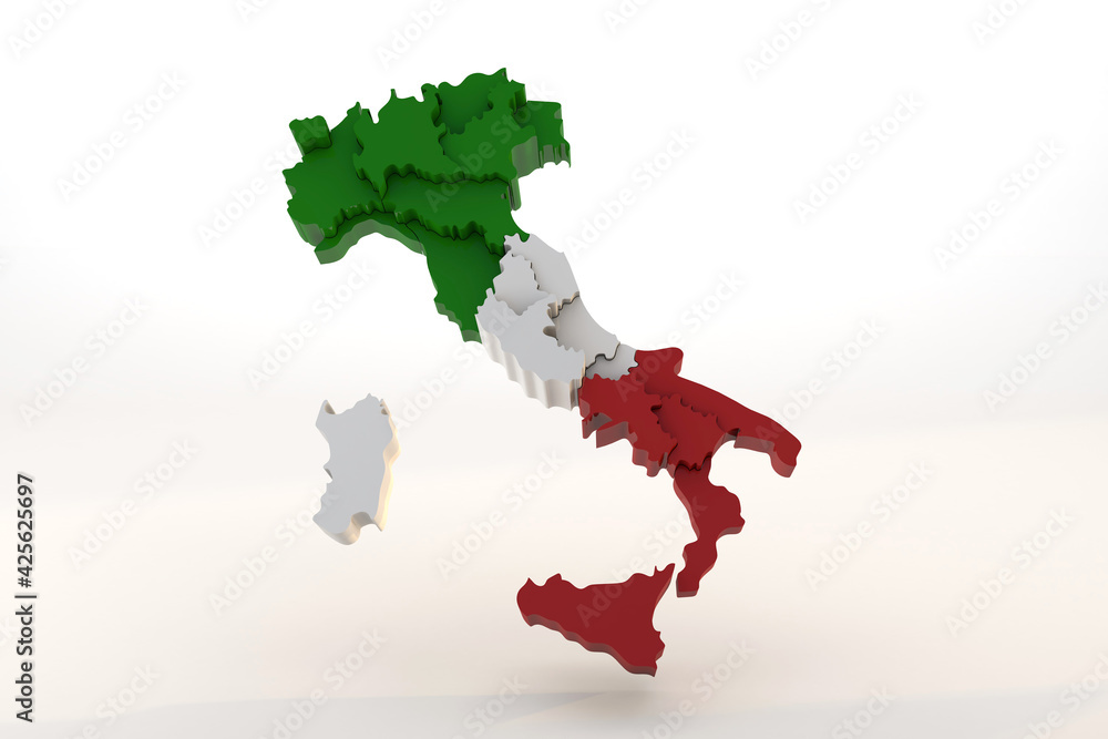 Italy map a 3d render isolated with colors flags of italian regions on ...