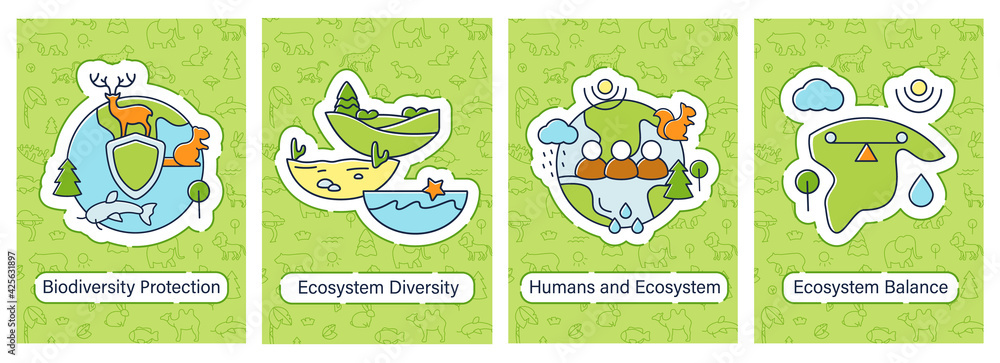 Biodiversity brochure icons.Diversity, humans and ecosystem, balance ...